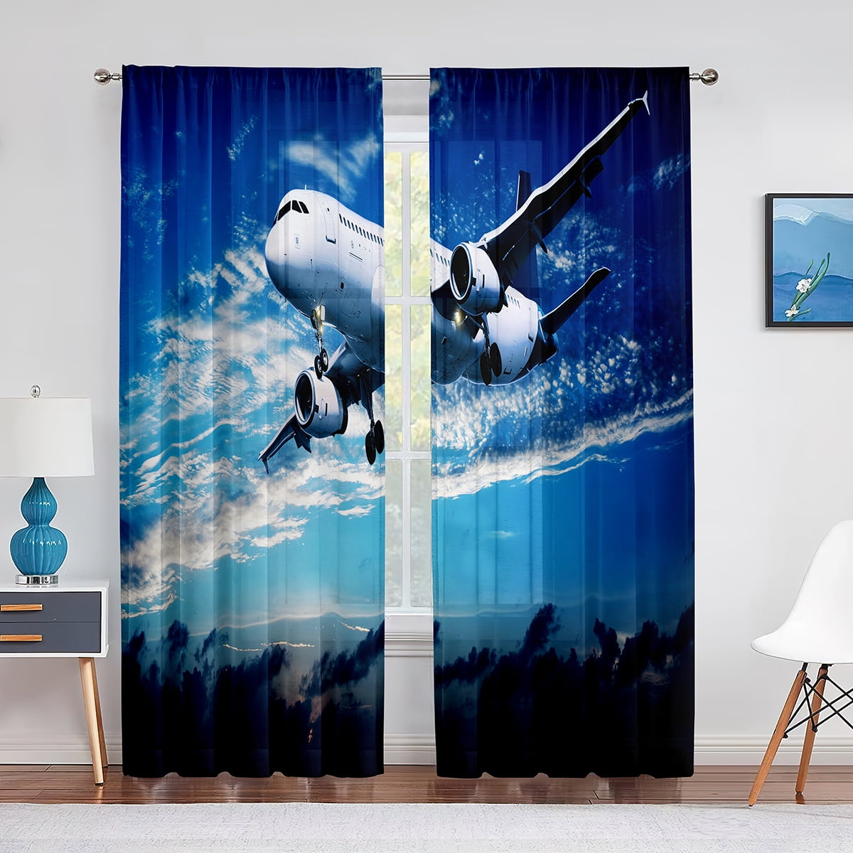 Airplane Flying Over The Sea Sunset Natural Sheer Curtains for Living ...