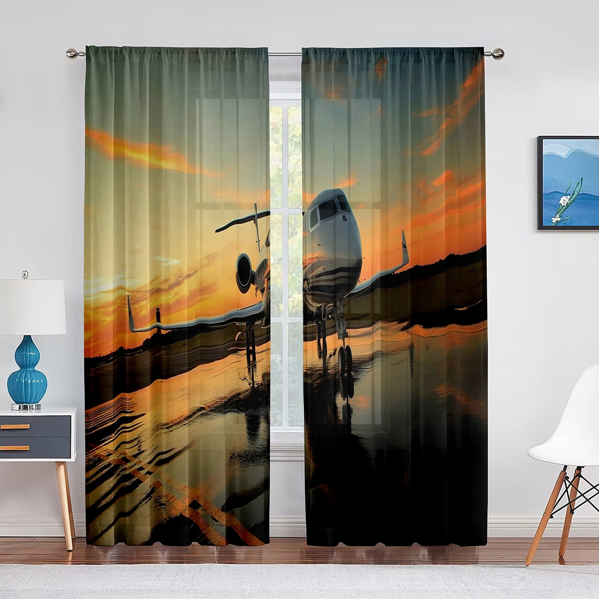 Airplane Flying Over The Sea Sunset Natural Sheer Curtains for Living ...