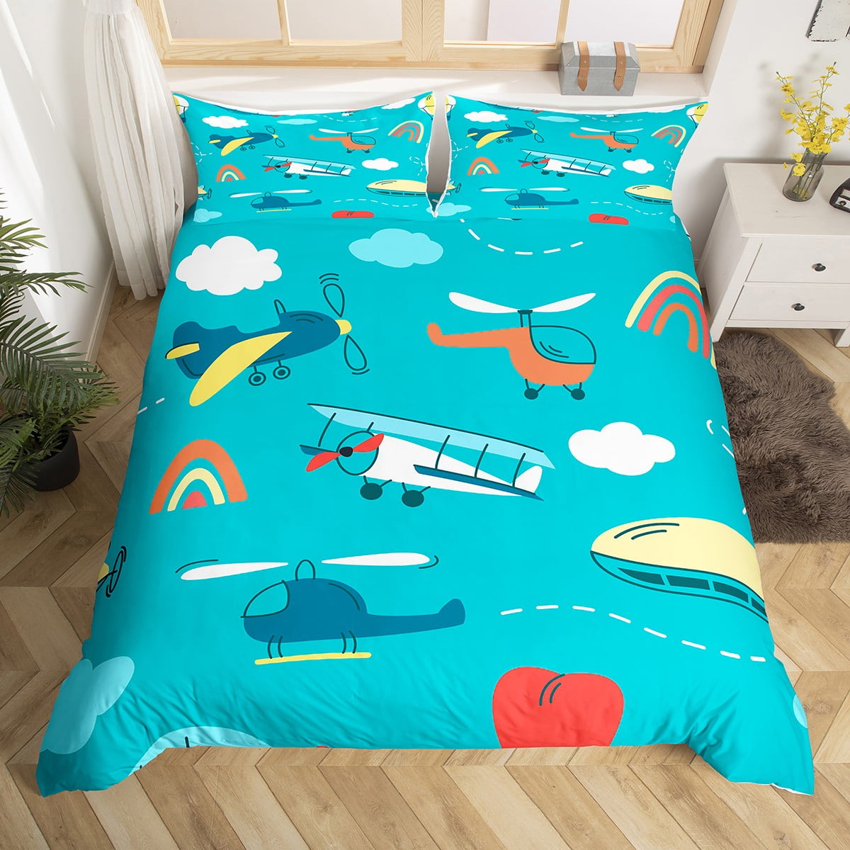 Airplane Full Bedding Sets ,Rainbow Hand Drawn Comforter Cover Cute ...