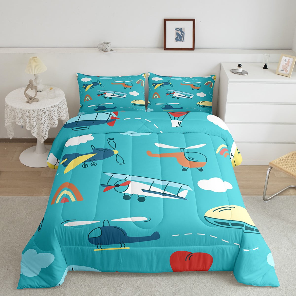 Airplane Full Comforter Set,Rainbow Hand Drawn Quilt Cute Aircraft ...