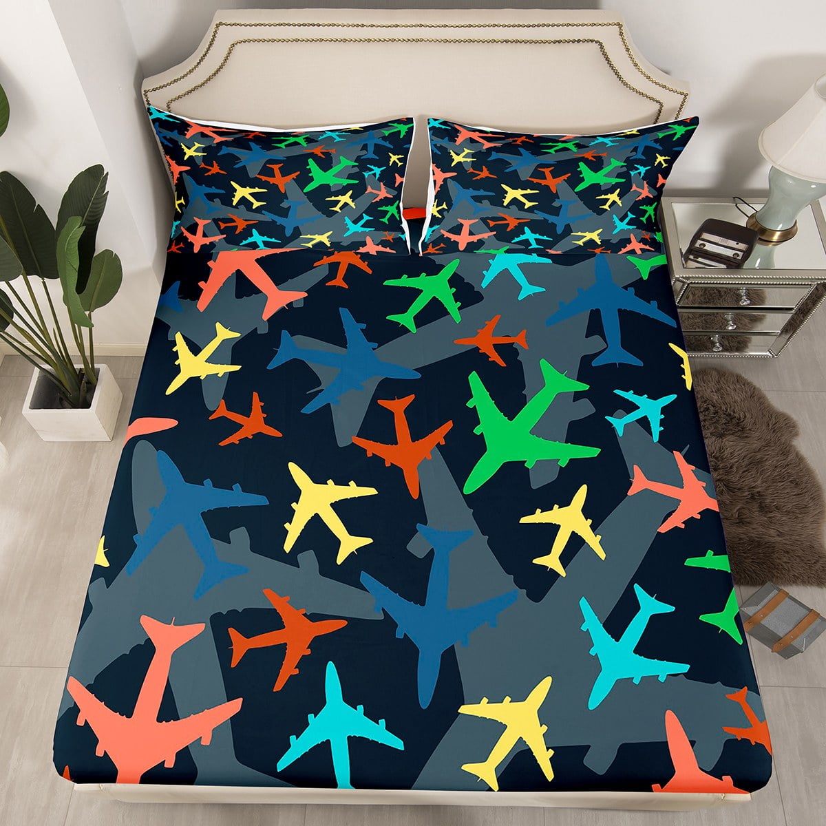 Airplane Full Size Bedding Set Colorful Airplanes Print Fitted Sheet ...