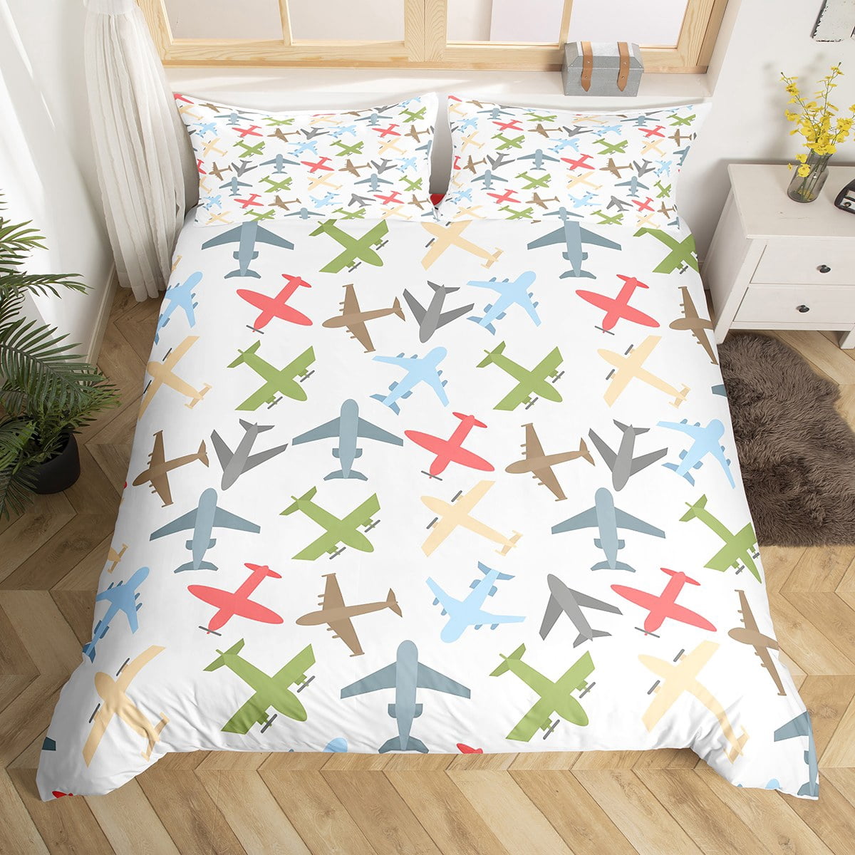 Airplane King Size Bedding Set for Kids Cartoon Aircraft Print Duvet ...