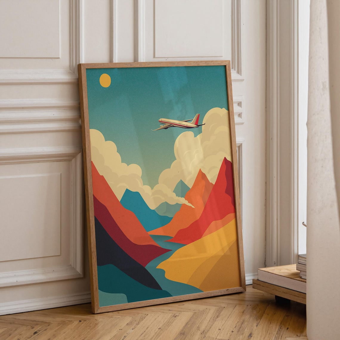 Airplane Mountain Landscape Vintage Travel Mid Century Modern Graphic ...