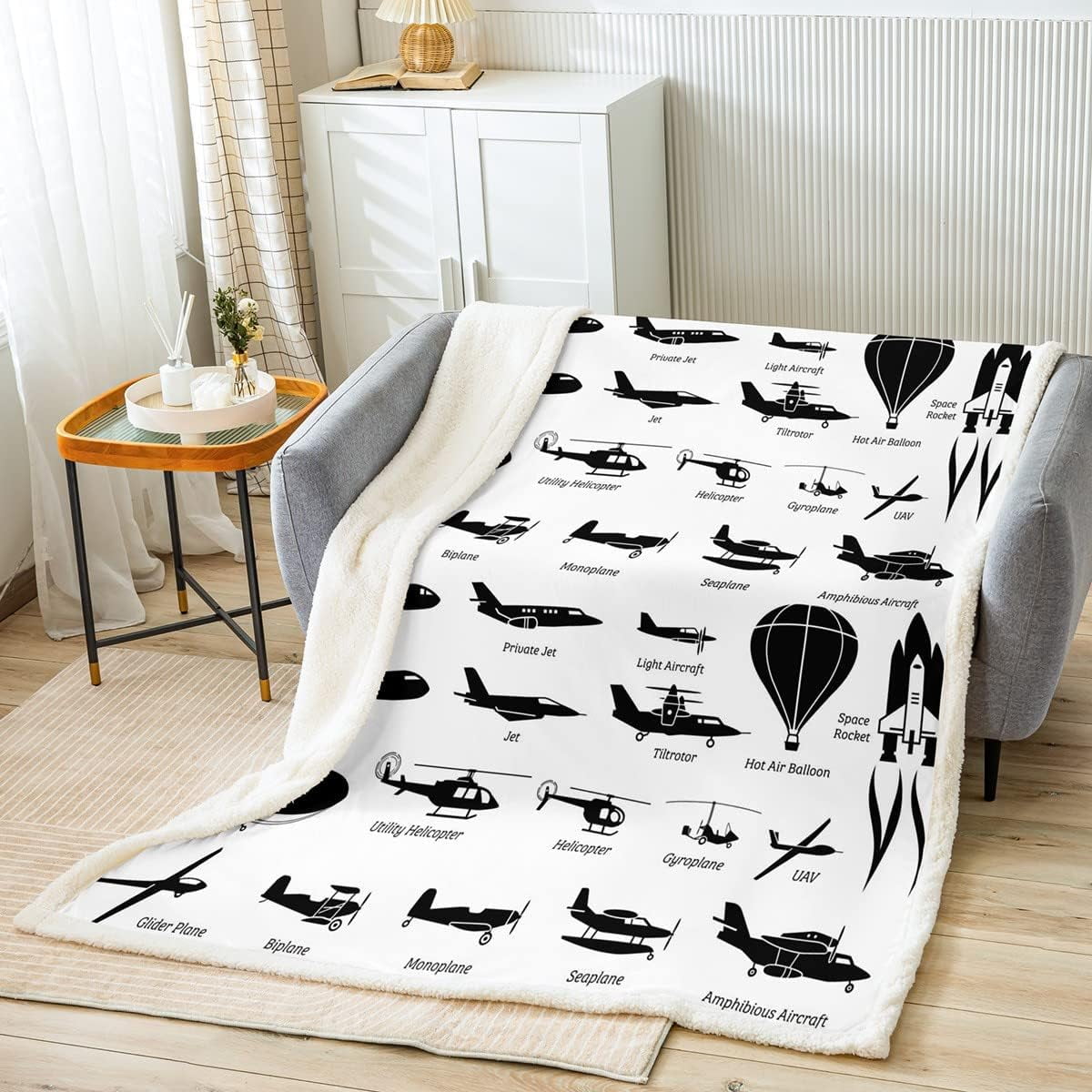 Airplane Print Plush Bed Blanket Throw 50"X60",Black White Airplanes ...