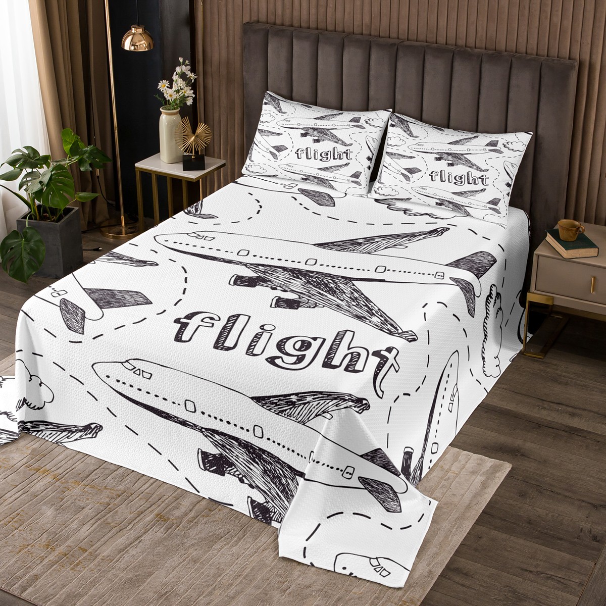 Airplane Quilt Set Black and White Sketch Aircraft Queen Bedspread Set ...