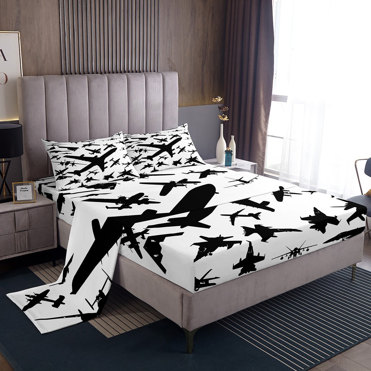 Airplane Sheet Set Black Aircraft Silhouette Bed Sheets Set Full,Fighter Plane Dark Shadows ...