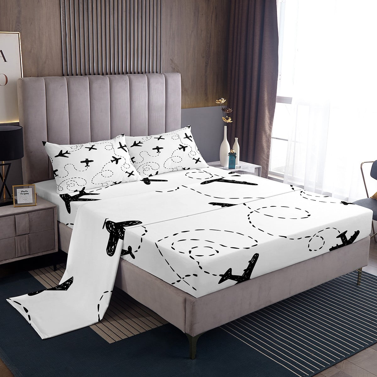 Airplane Sheet Set Black Aviation Aircraft Bed Sheets Set Queen,Fighter ...