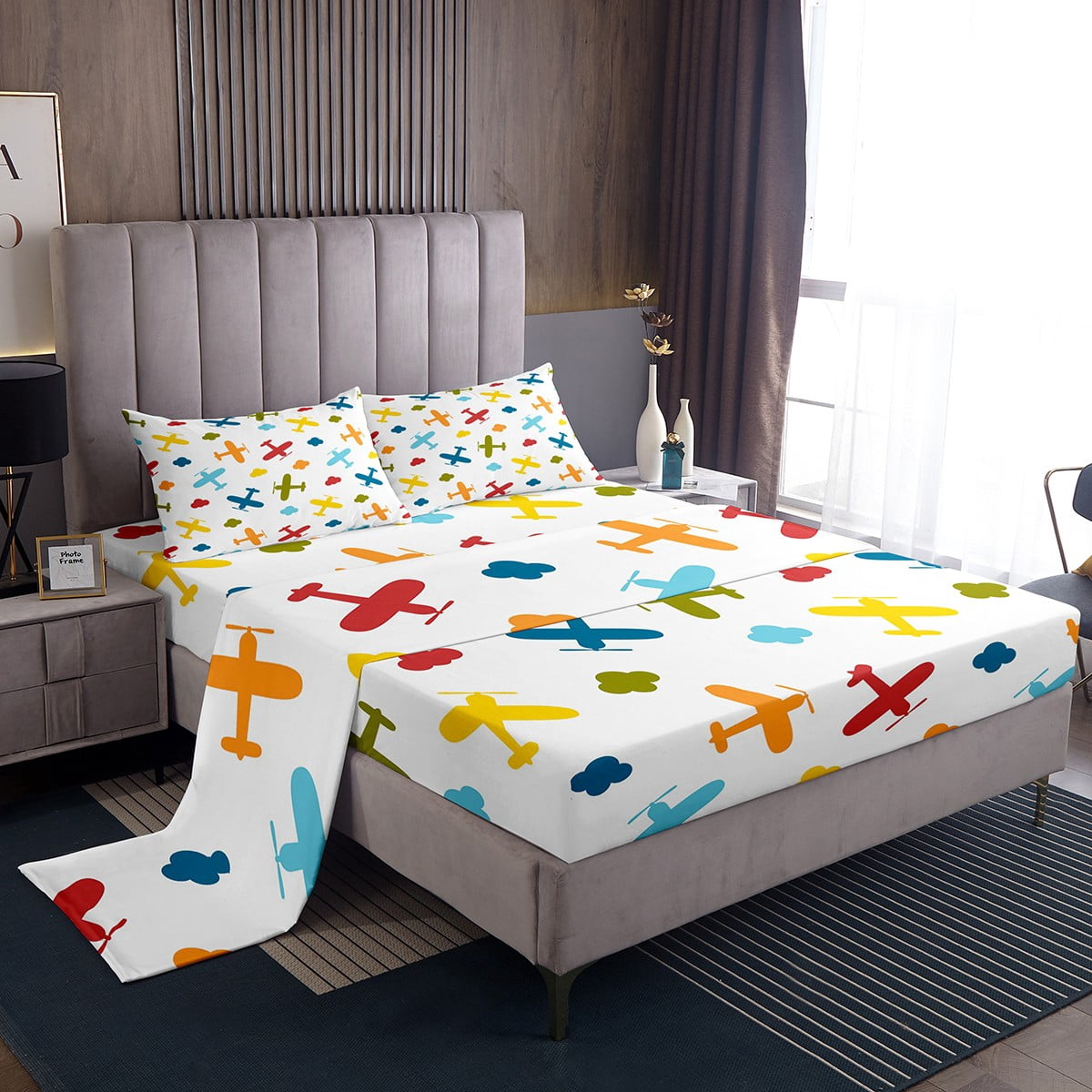 Airplane Sheet Set Multicolor Aircraft Bed Sheets Set Queen,Watercolor ...