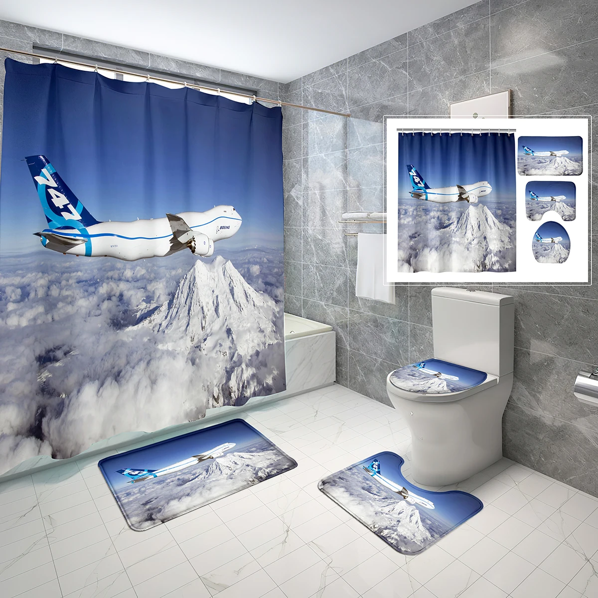 Airplane Shower Curtain Set Sunrise Plane Flight 4 Pcs Shower Curtain ...