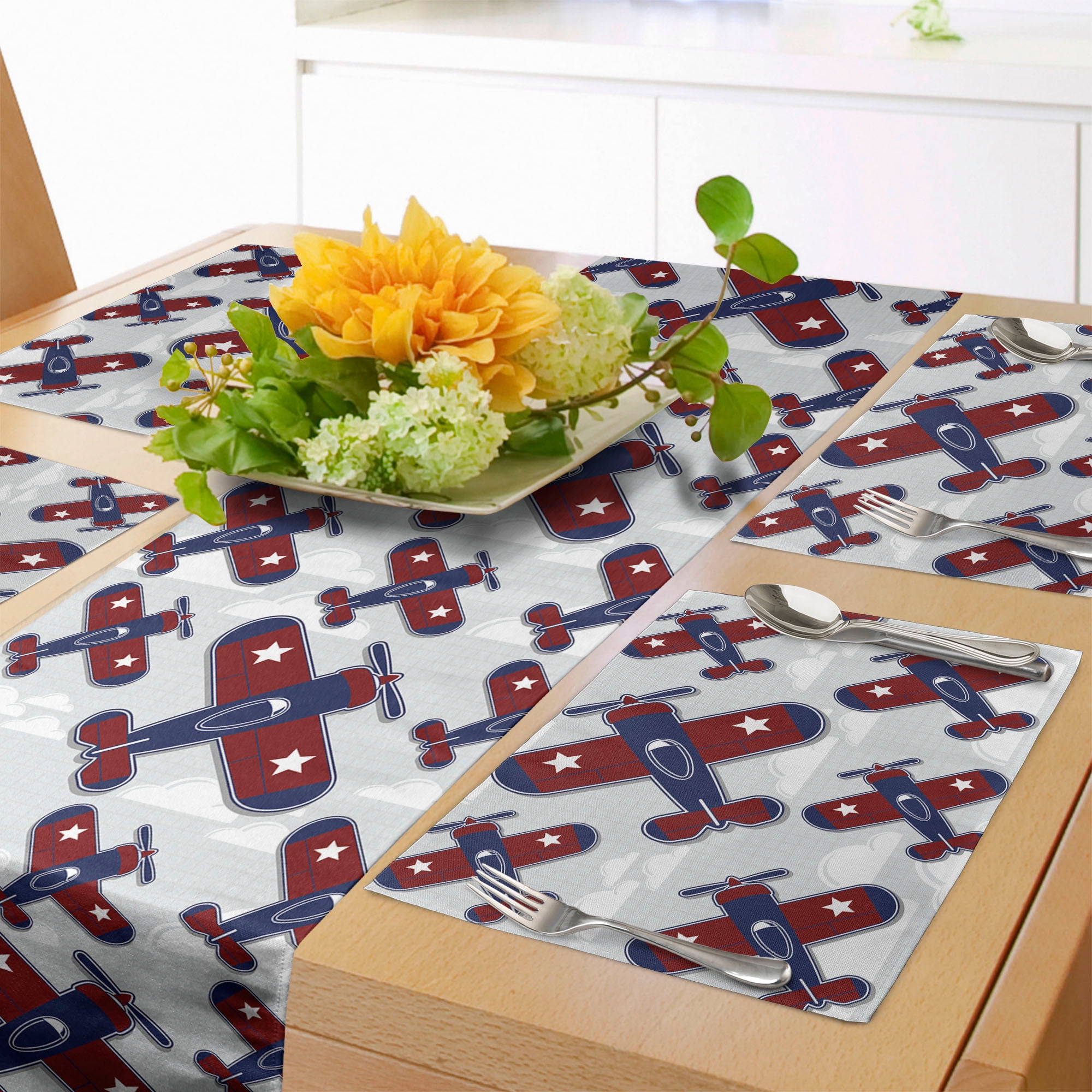 Airplane Table Runner & Placemats, Top View Pattern of Funny Cartoon ...