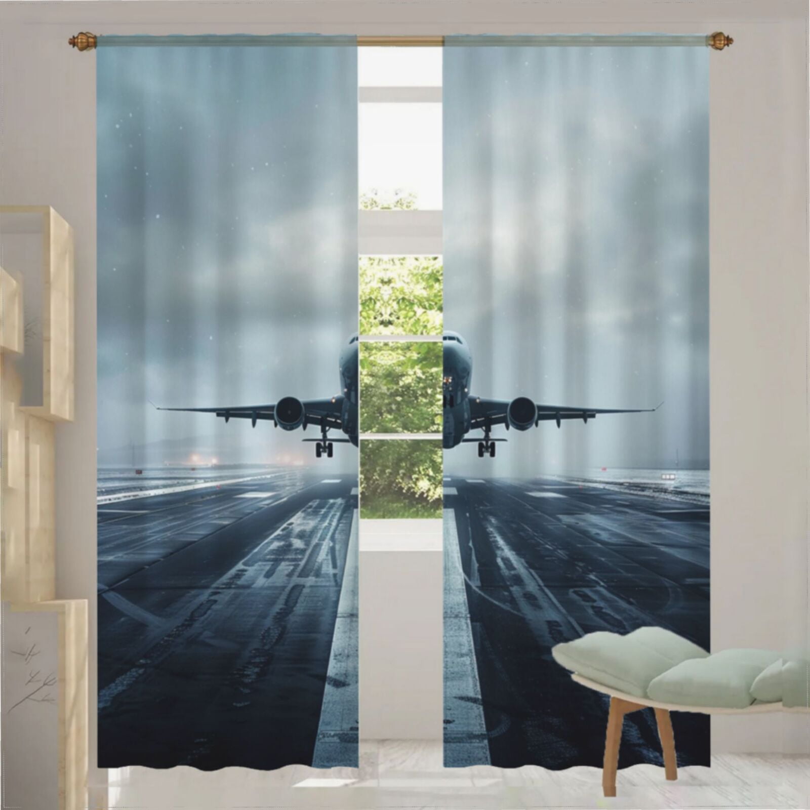 Airplane Takeoff (23) Sheer Window Curtains for Living Room Kitchen ...