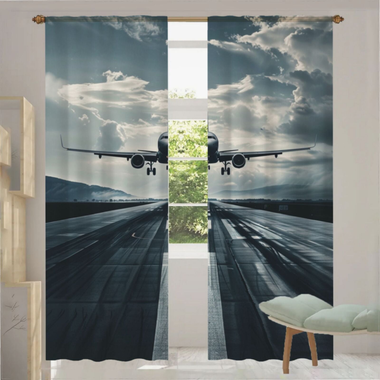 Airplane Takeoff (44) Voile Sheer Curtains Living Room Window Chiffon ...
