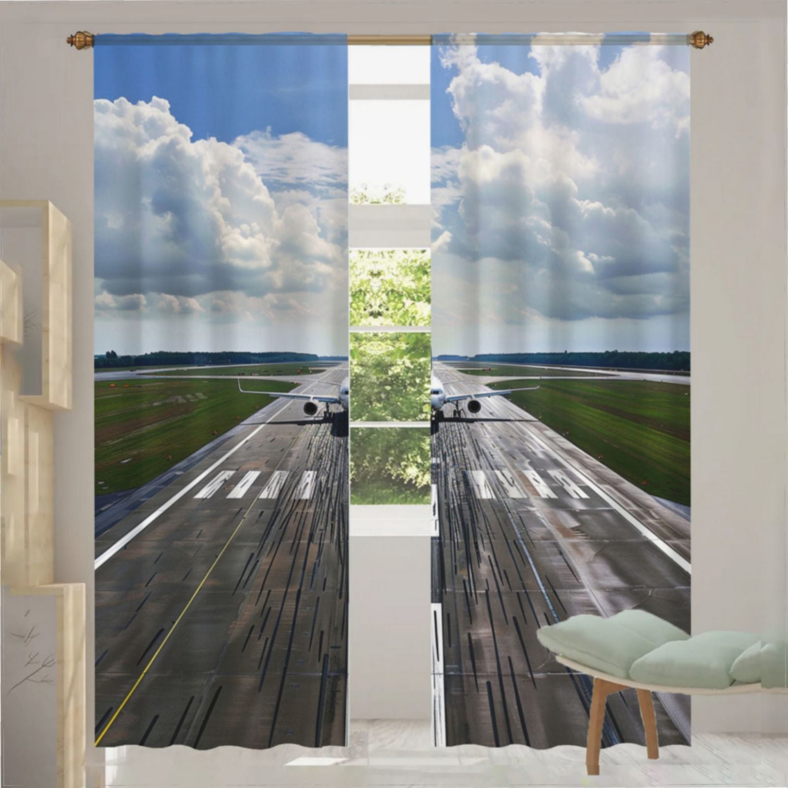 Airplane Takeoff (58) Sheer Window Curtains for Living Room Kitchen ...