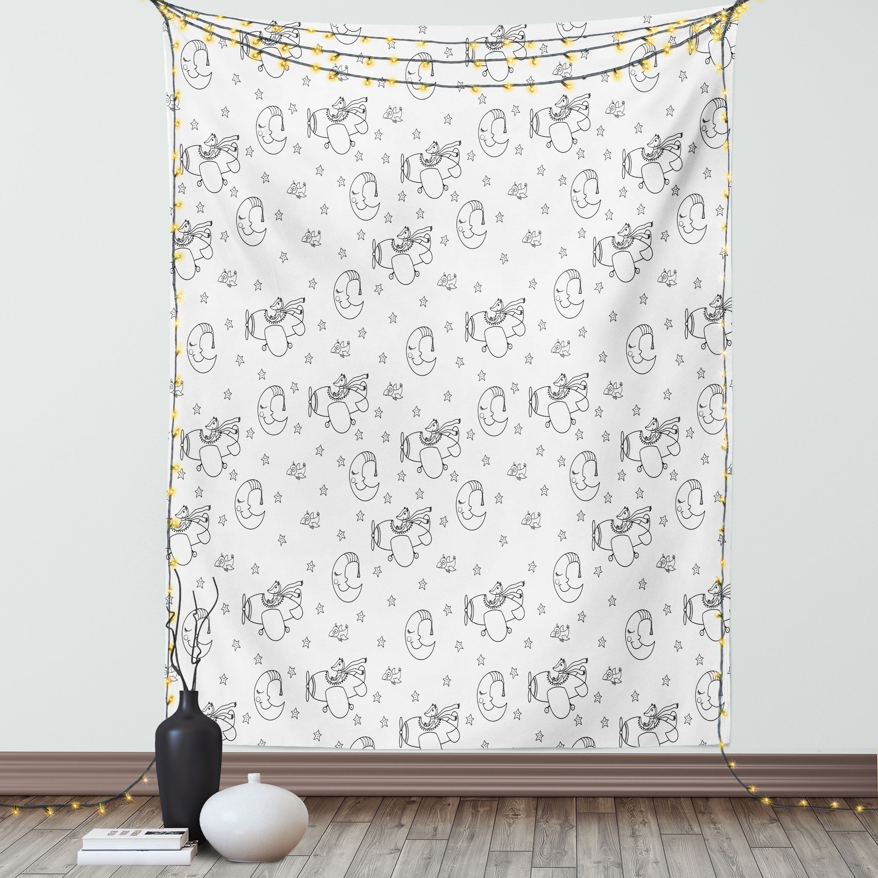 Airplane Tapestry, Restful Good Night Theme Pattern with Sleeping ...