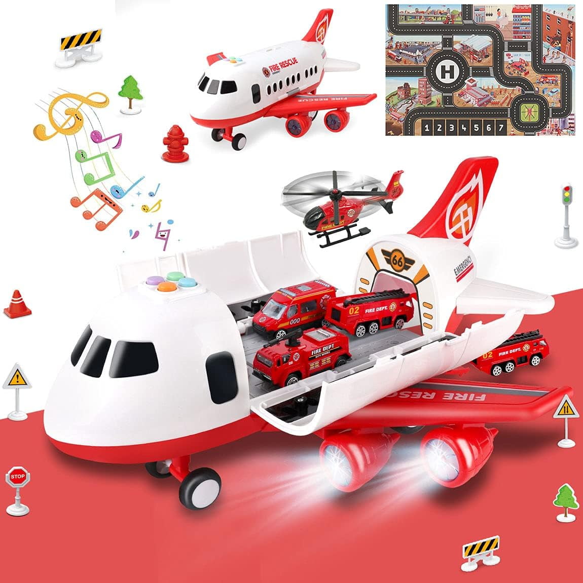 Airplane Toy with Fire Truck Cars and Play Mat,Plane with Lights and ...