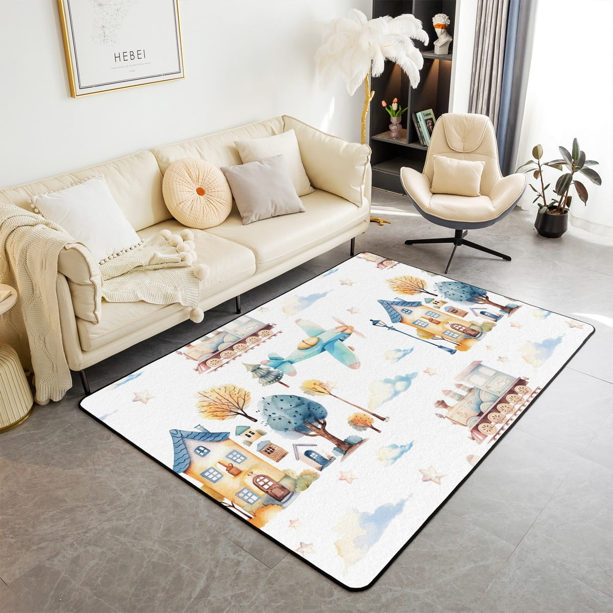 Airplane Train Area Rug 5x7 Cartoon Town House Decorative Rug for Kids ...