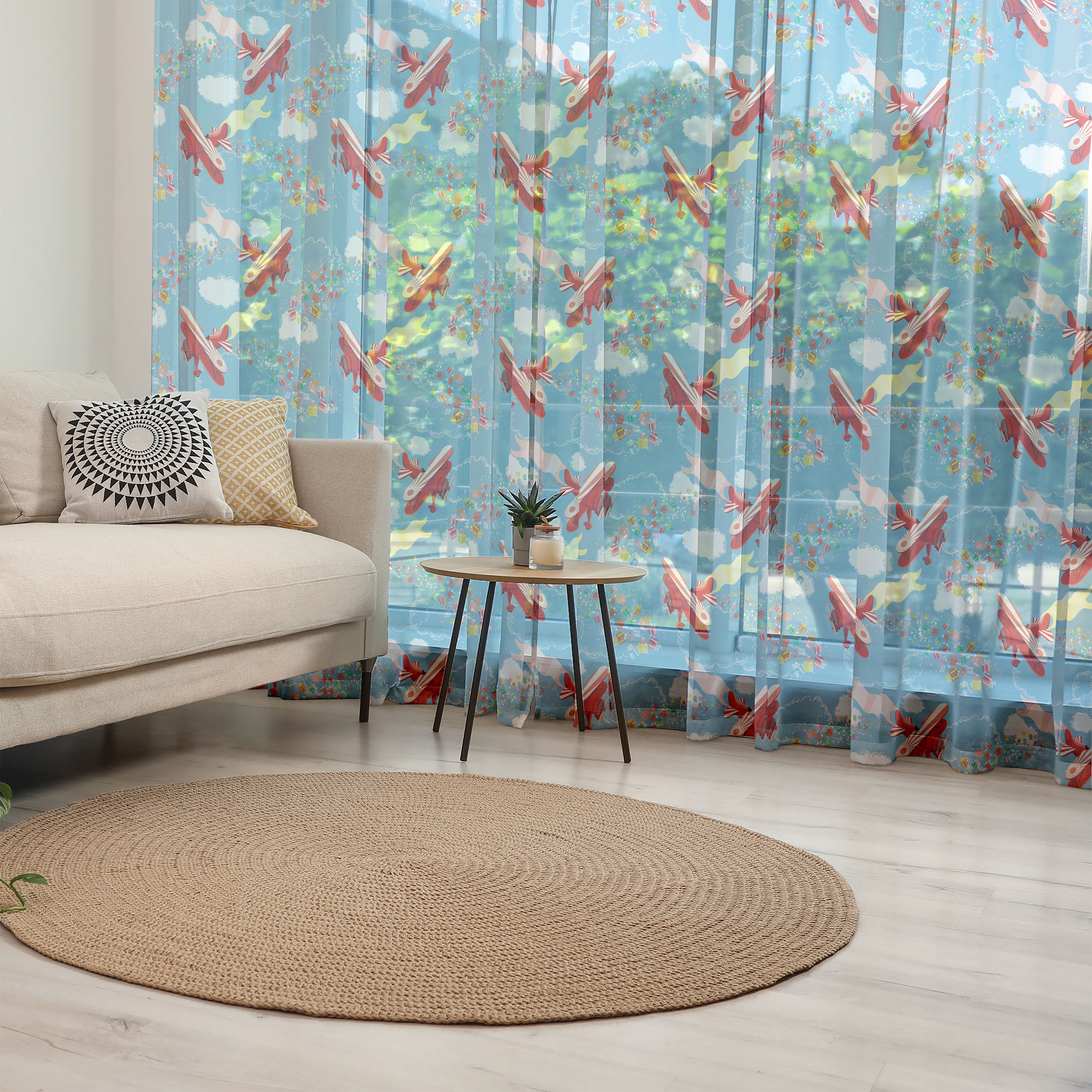 Airplane Tulle Curtains with Rod Pocket, Retro Biplanes with Pennants ...