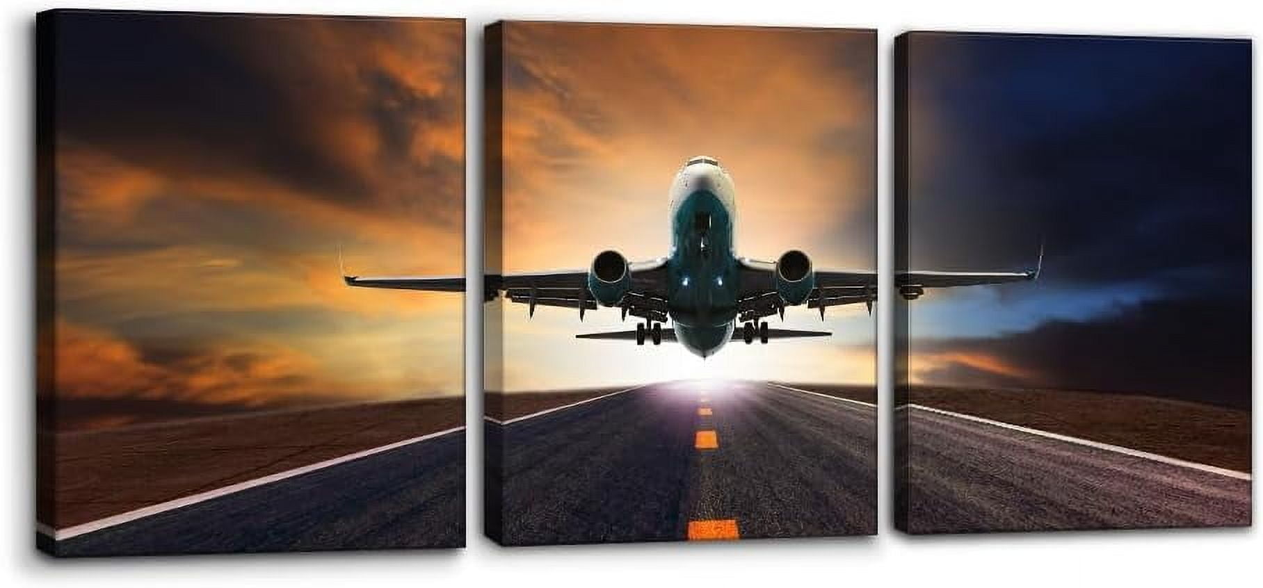 Airplane Wall Art Canvas Painting Jet Plane Flying Over Runway Posters ...