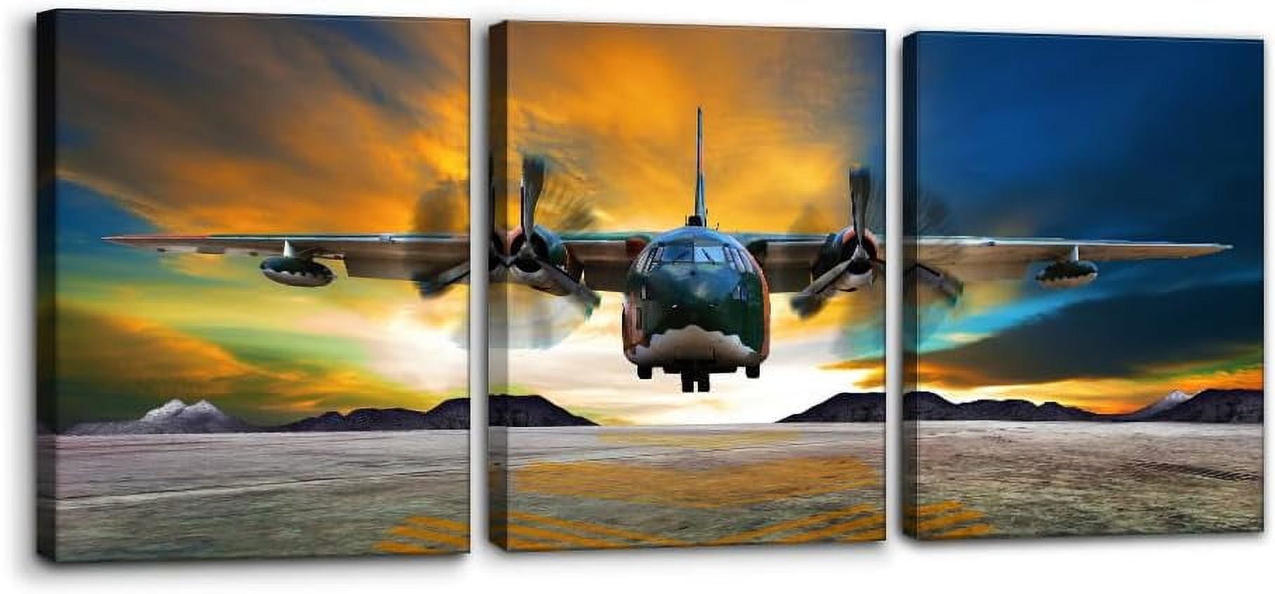 Airplane Wall Art Set of 3 - Military Plane Landing on Airforce Runways ...