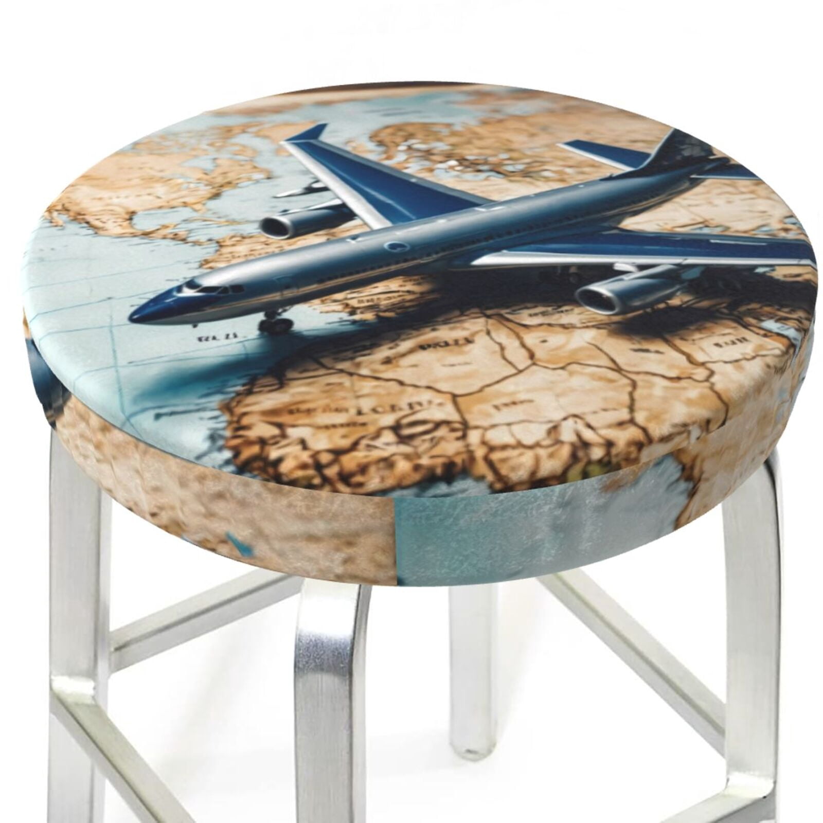 Airplane World Map Adventure Round Bar Stool Seat Covers, Elastic Round ...