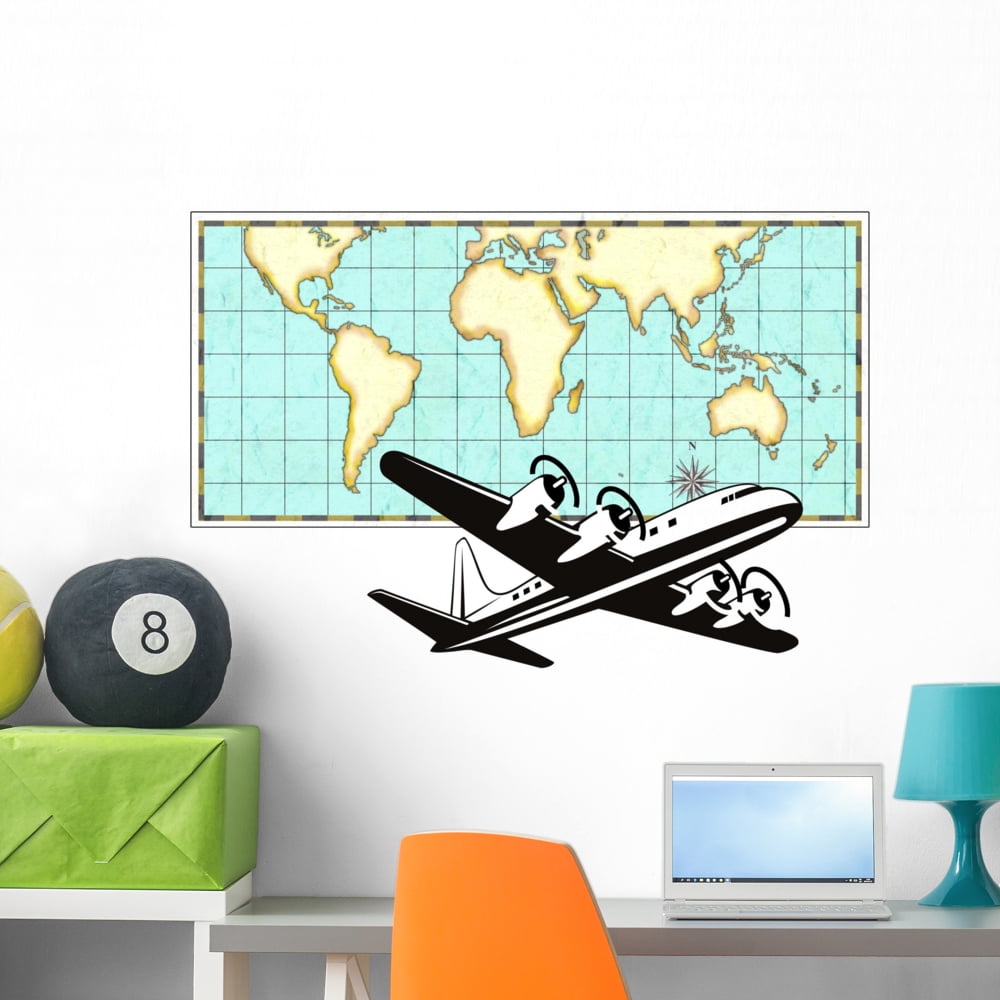 Airplane with World Map Wall Mural by Wallmonkeys Peel and Stick ...