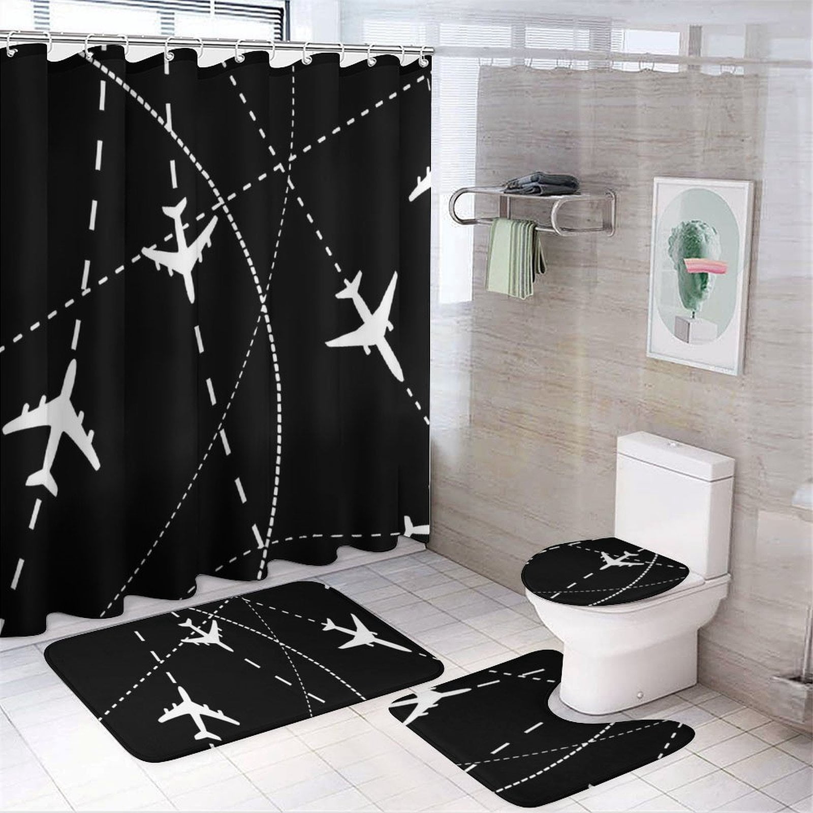 Airplanes Background with Trajectory 4 Pcs Bathroom Shower Curtain Set ...