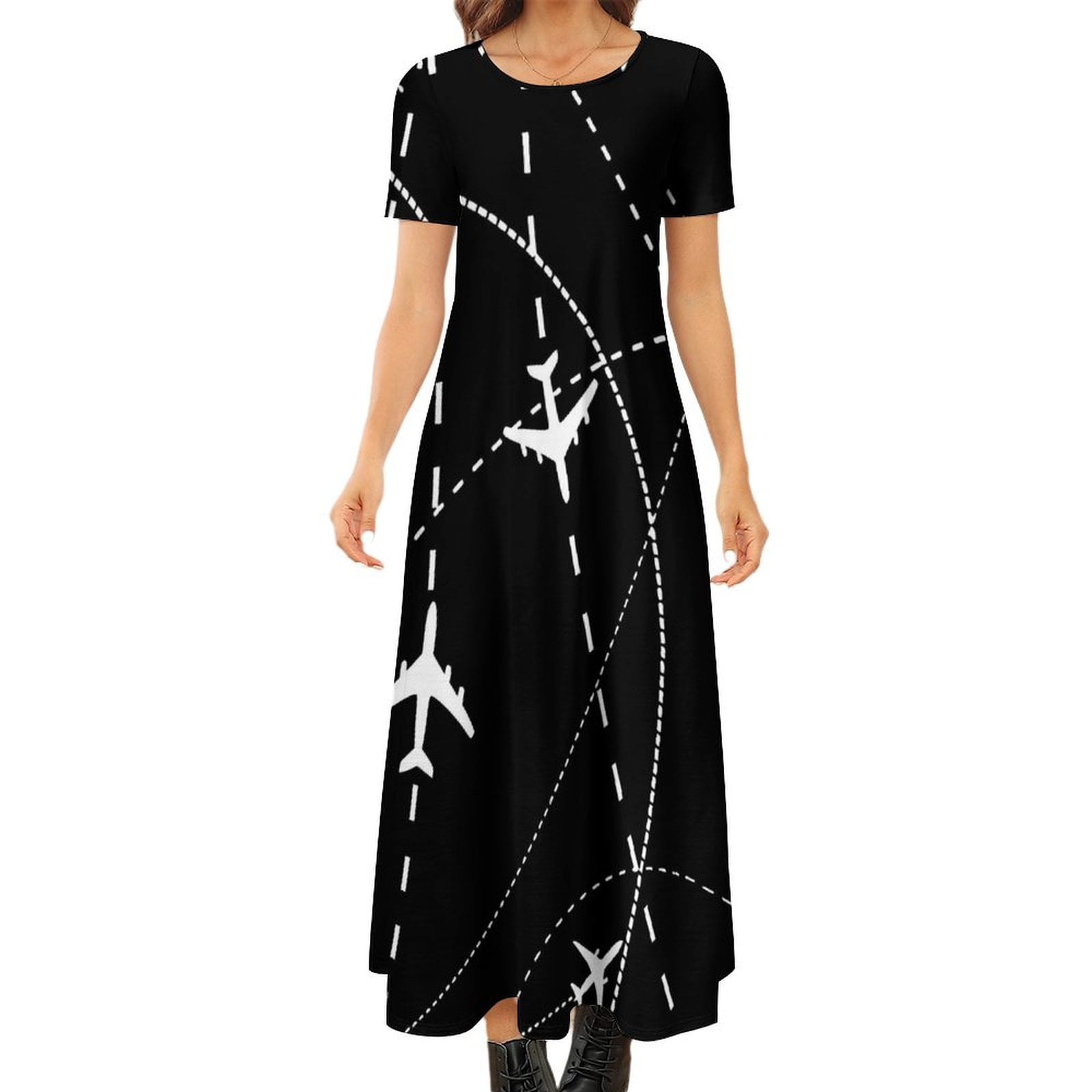 Airplanes Background with Trajectory Maxi Dress for Women Crew Neck ...
