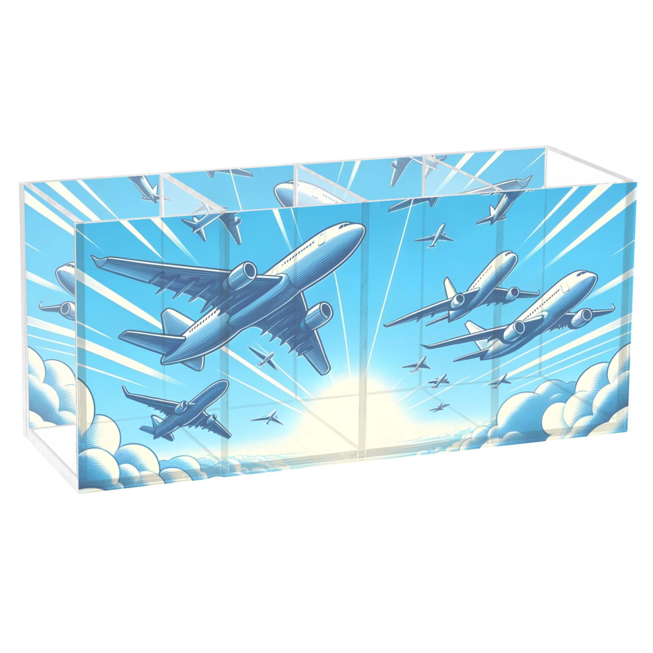 Airplanes Flying in Sky Acrylic Pen Holder 4 Compartments Clear Pencil ...