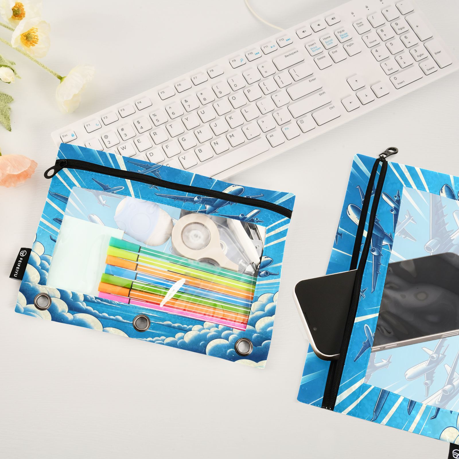 Airplanes in Sky 2 Pack Pencil Pouches Zipper Pencil Case 3 Ring Pencil ...