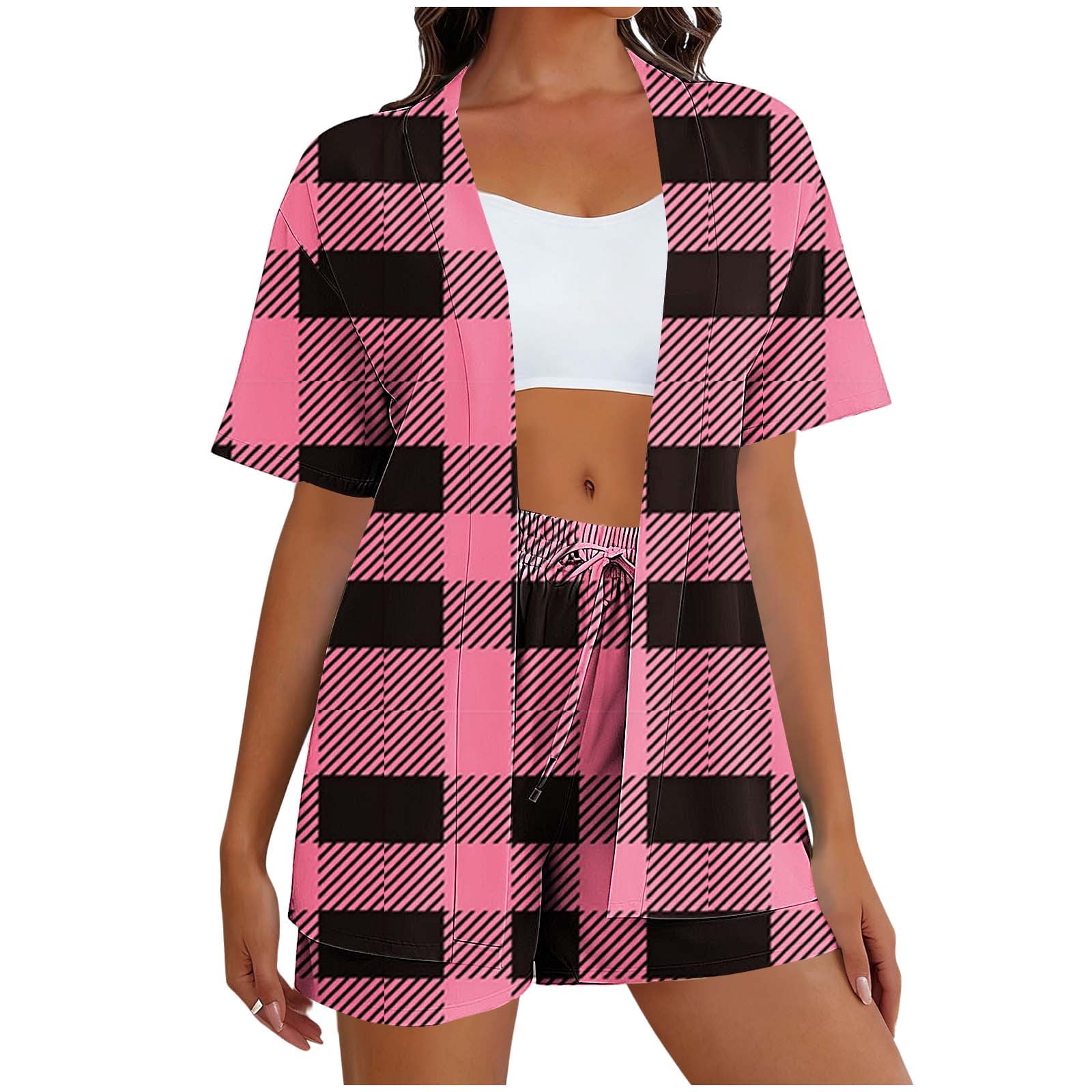 Airport Outfits for Women Plaid Printed Matching Sets Short Sleeve Open ...
