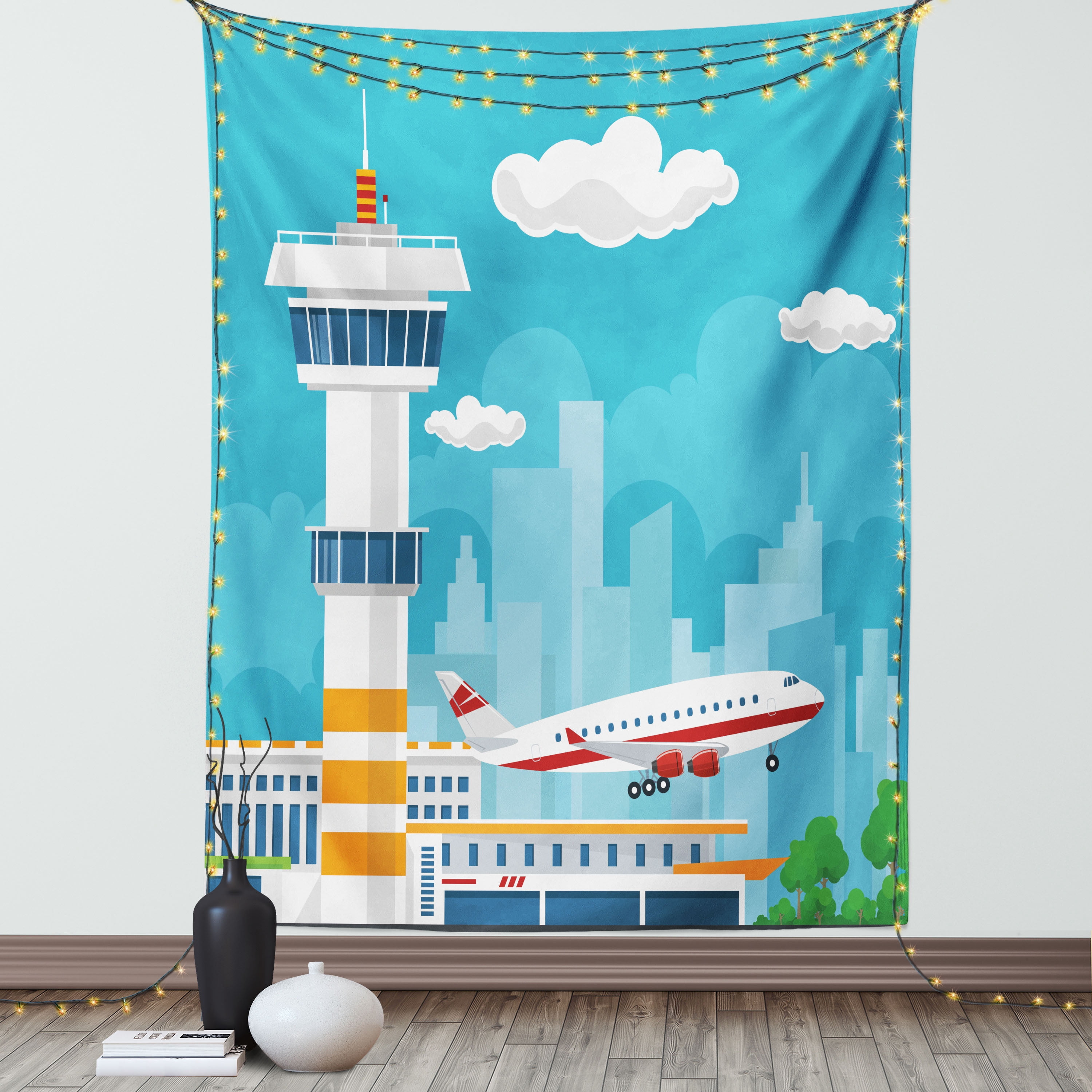 Airport Tapestry, Nursery Themed Cartoon of Control Tower and Take Off ...