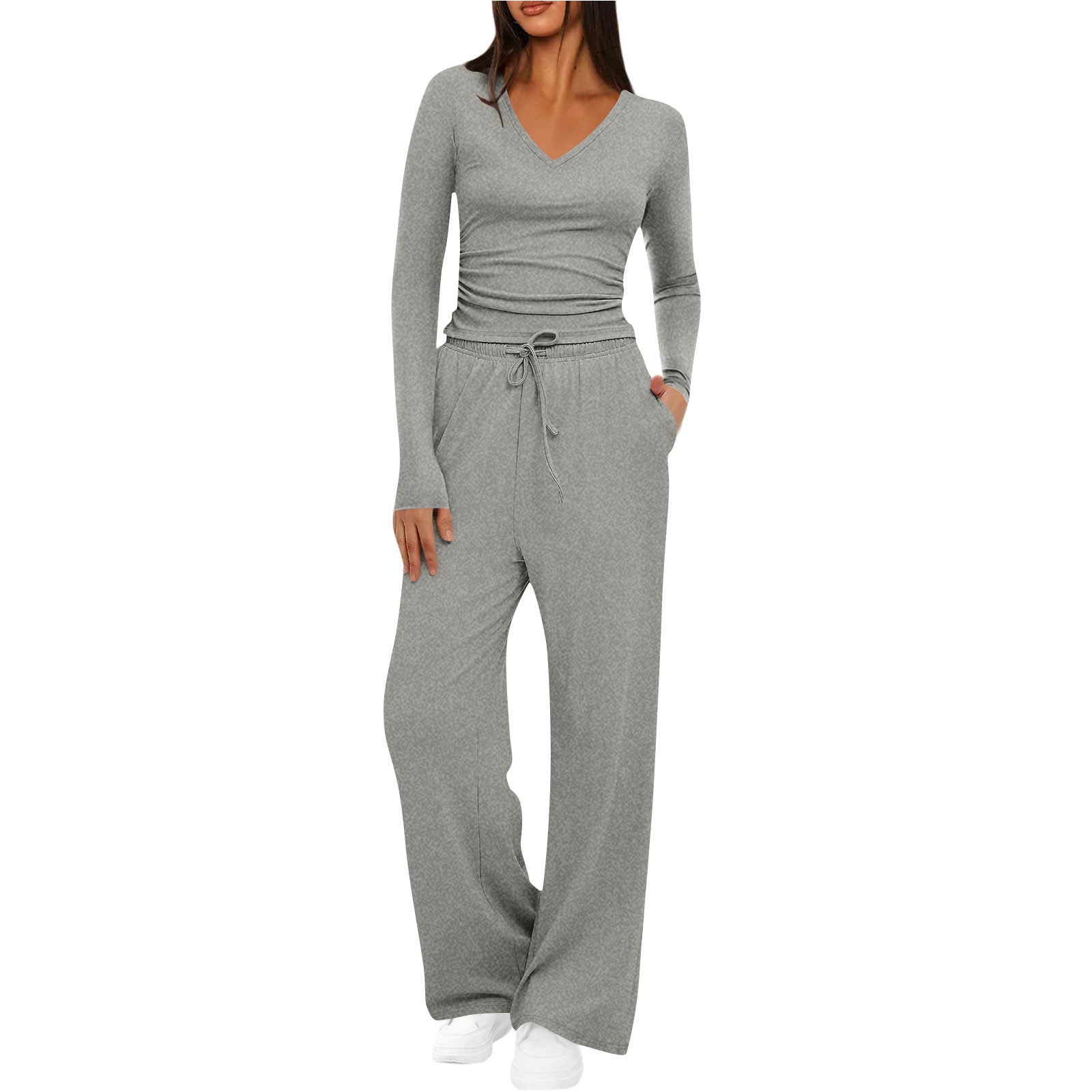 Airport Travel Outfit Women V Neck Long Sleeve Tops and Loose Pants 2 ...