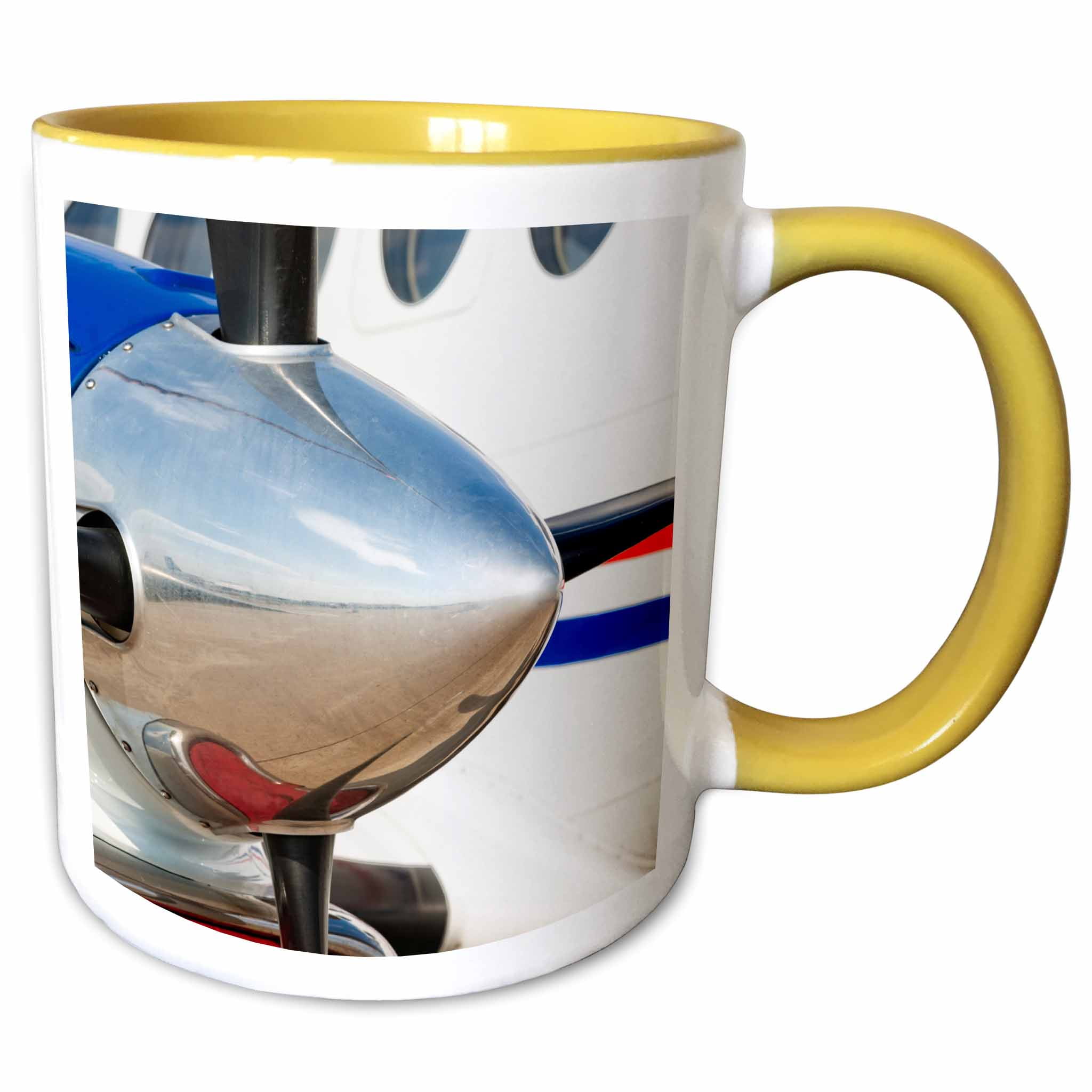 Airport reflects in a spinner of a modern aircraft turboprop engine ...