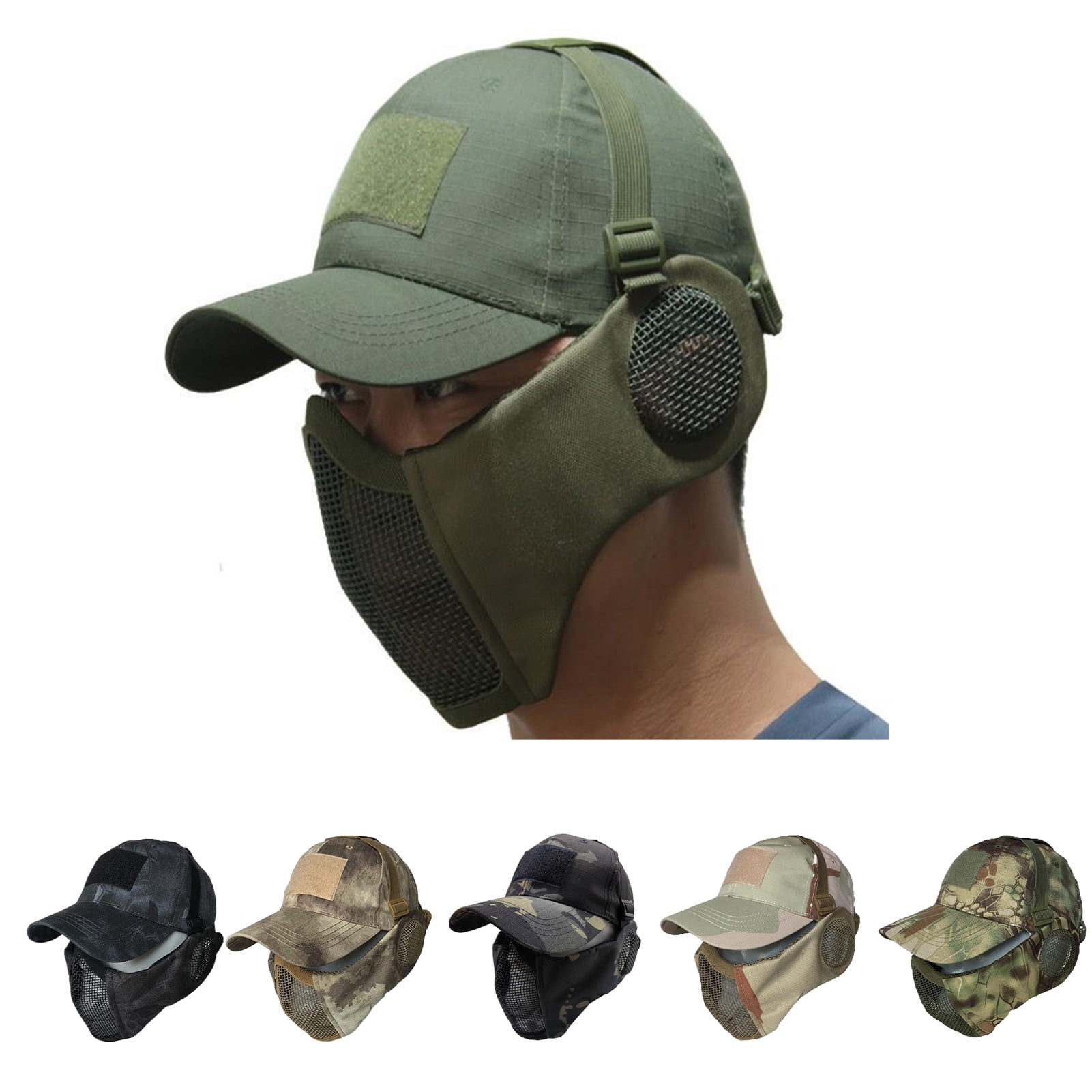Airsoft Face Guard with Hat Lightweight Breathable Ear Tactical Face ...