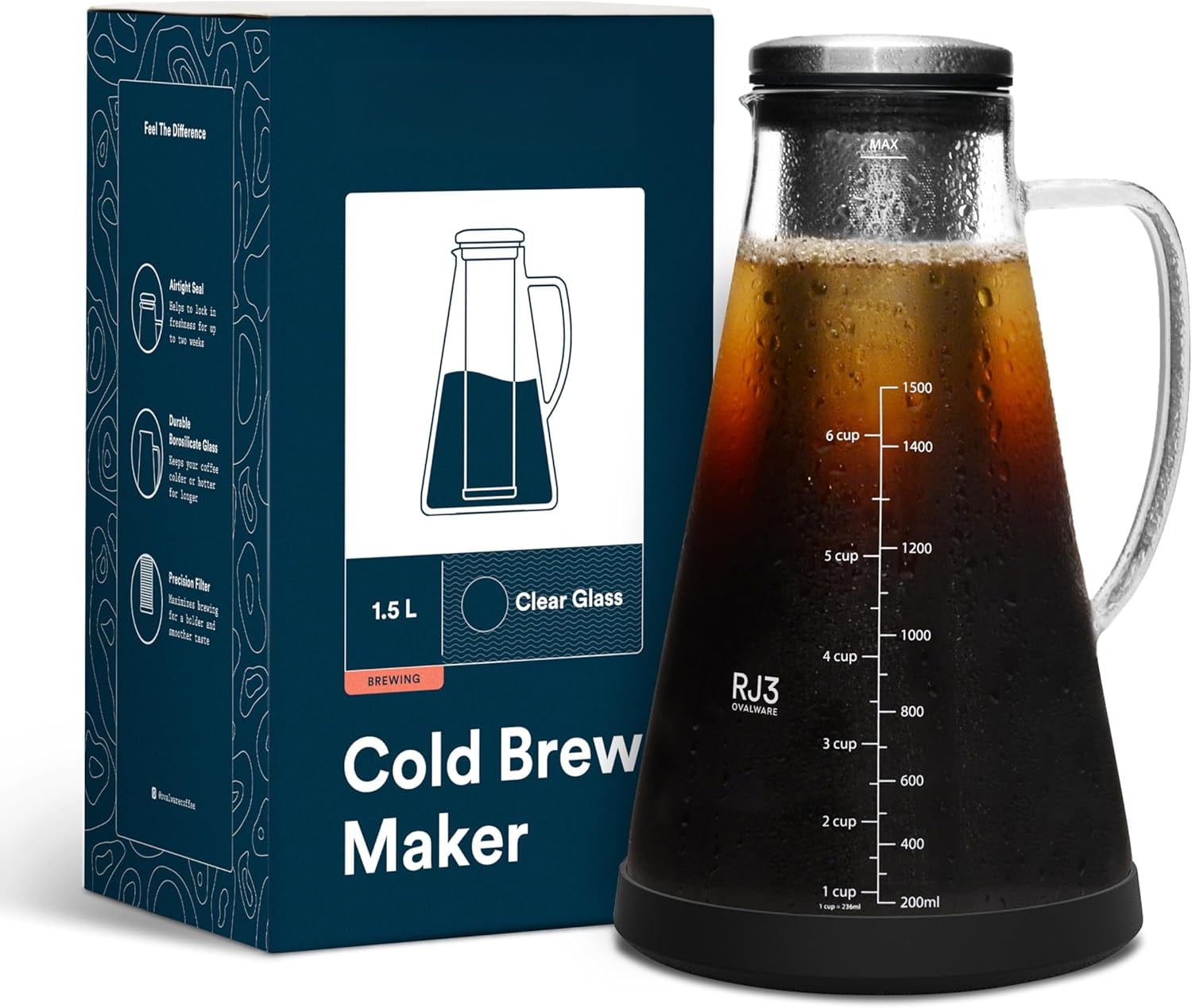 Airtight Cold Brew Iced Coffee Maker Pitcher (& Iced Tea Maker) with Spout – 1.5L/ 51oz Brewing ...