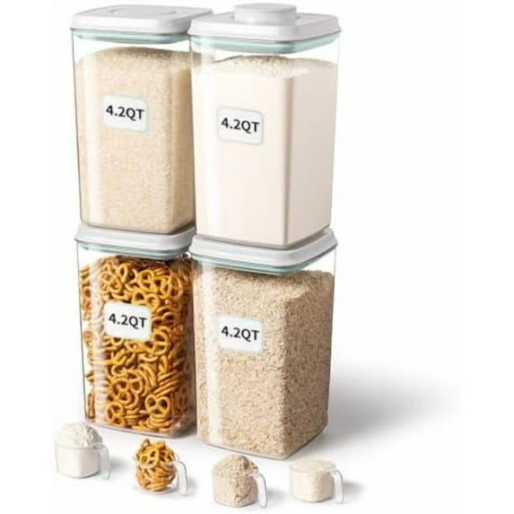Airtight Food Storage Container with Pop Lid & 130ml Scoop, 4L/4.2qt *4 BPA-Free Cereal, Rice ...