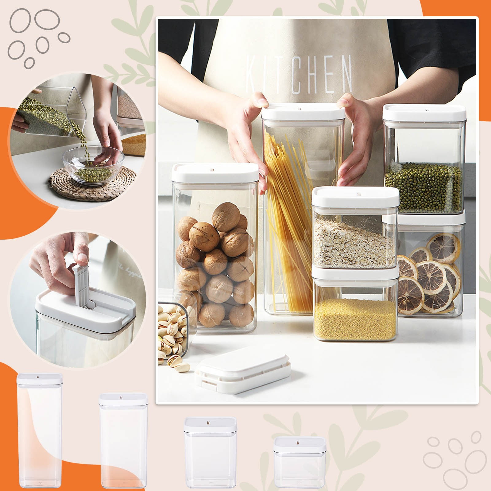 Airtight Food Storage Containers, Kitchen Jars With Lid, Stackable Food ...