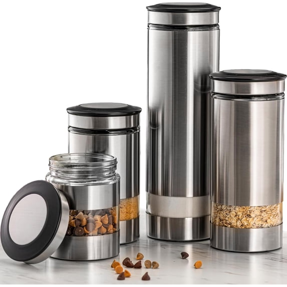 Airtight Glass Canister Set of 4 with Stainless Steel Sleeve for ...