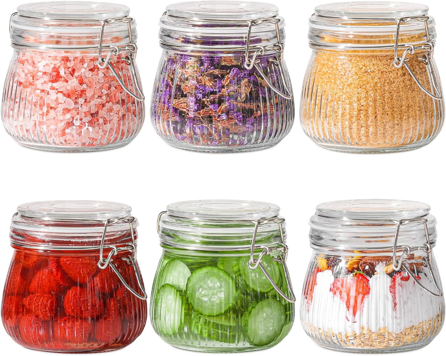 Airtight Glass Canister Set of 6 with Lids 17oz Food Storage Jar Round ...