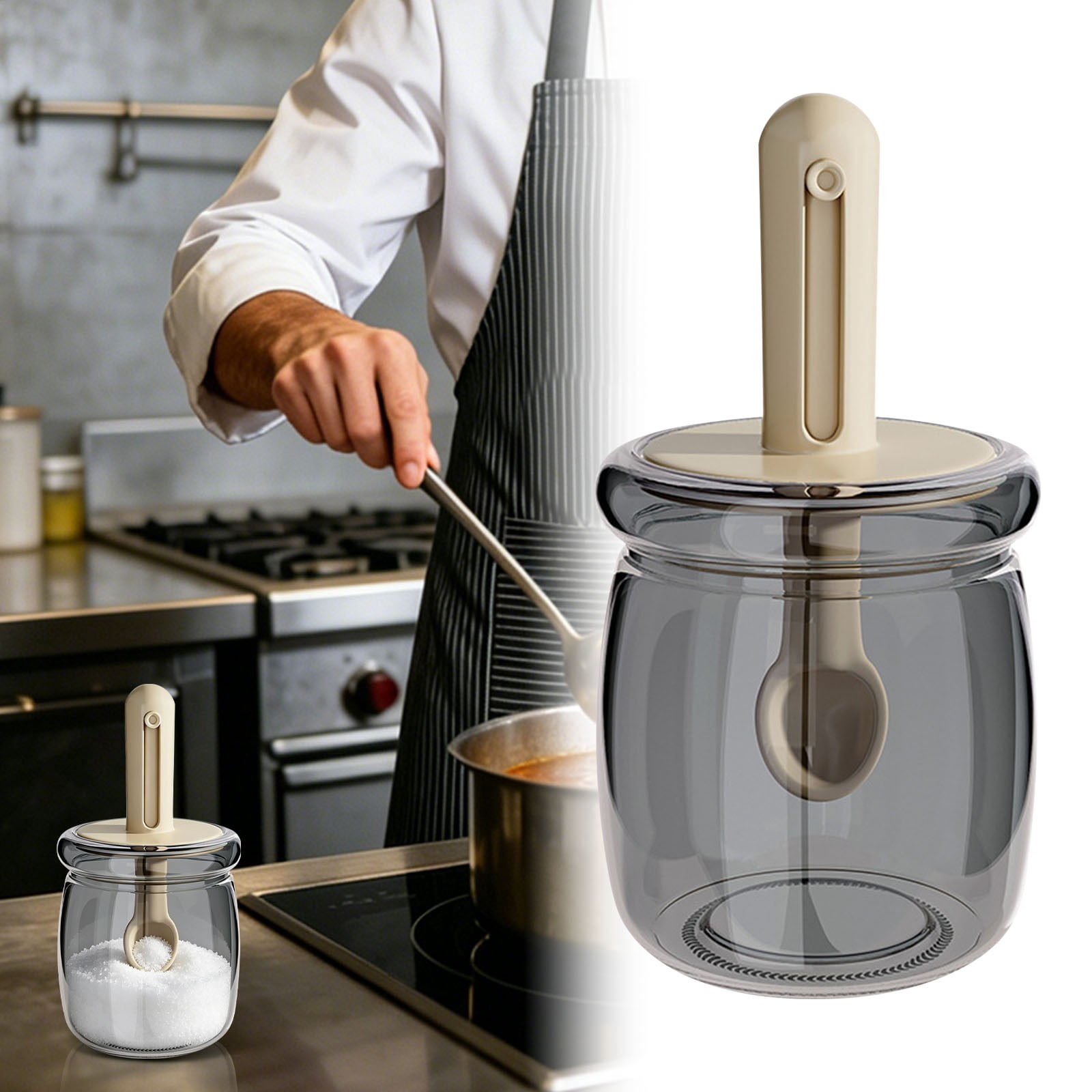 Airtight Glass Jar with Retractable Spoon & Lid,Seasoning Container for ...