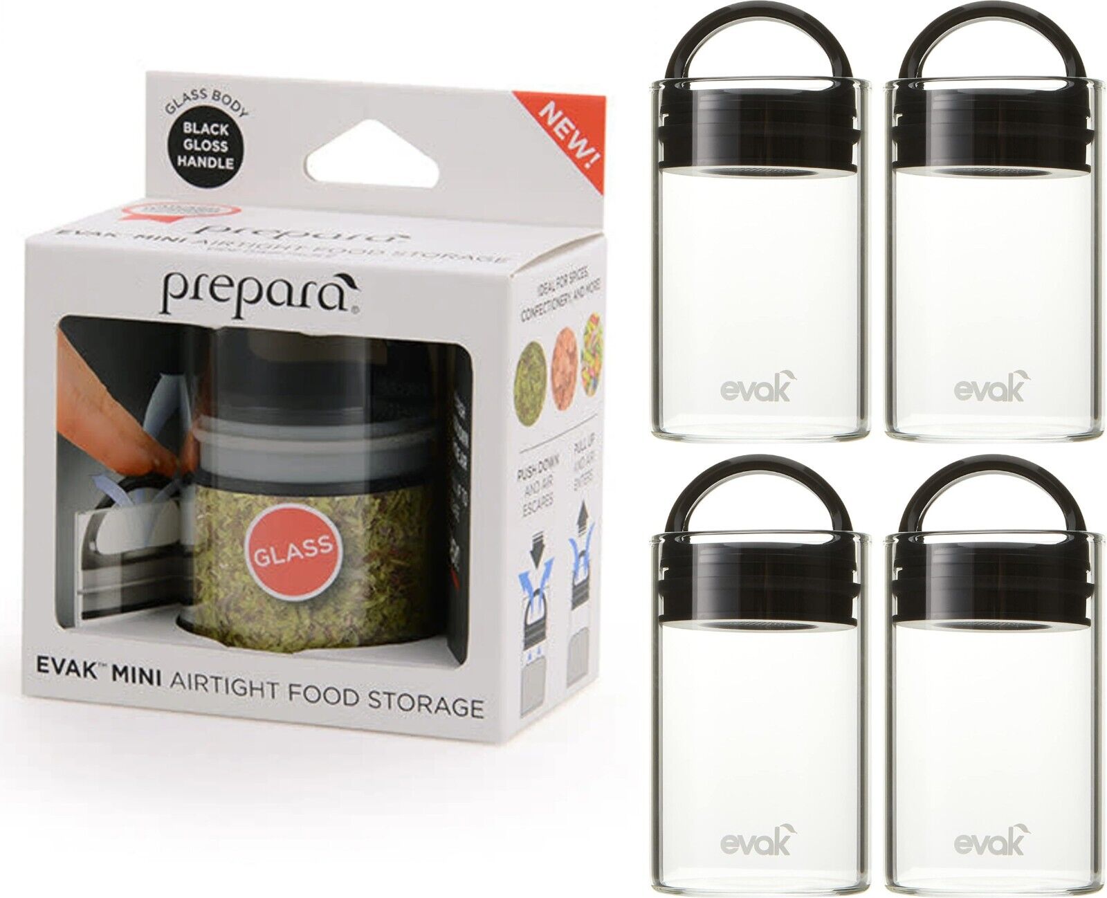Airtight Jar Container w Handle Food storage 6 oz. Black Prepara Evak ...