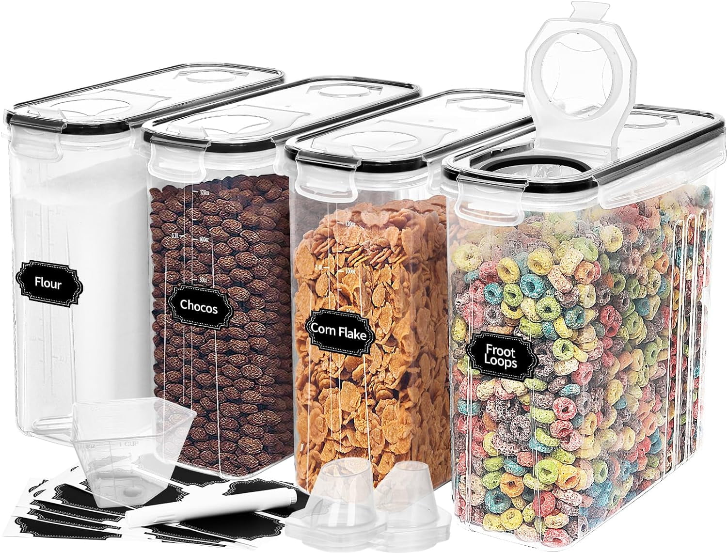 Airtight Plastic Cereal Containers 4L Set with Pour Spouts, Labels ...