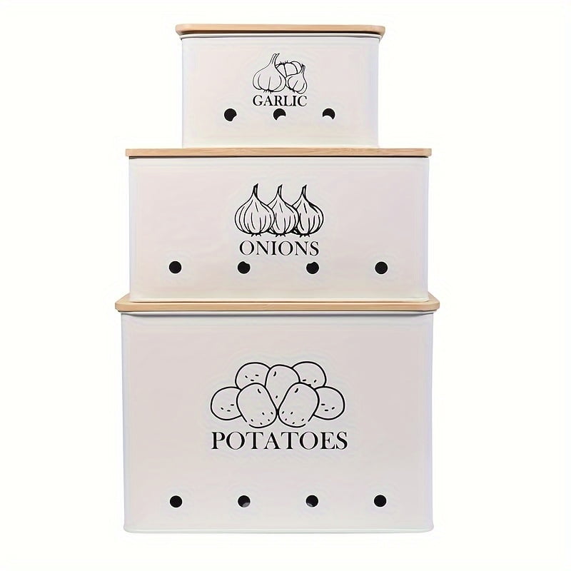Airtight Vegetable Storage Tins Set 3PC with Wooden Lids - Metal ...