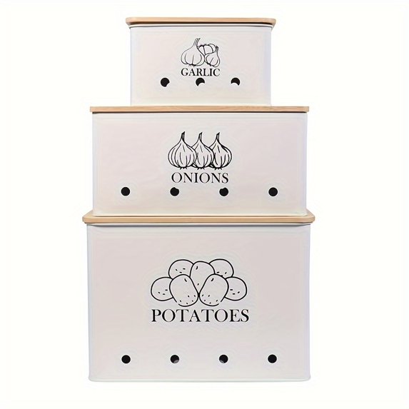Airtight Vegetable Storage Tins Set 3PC with Wooden Lids - Metal ...