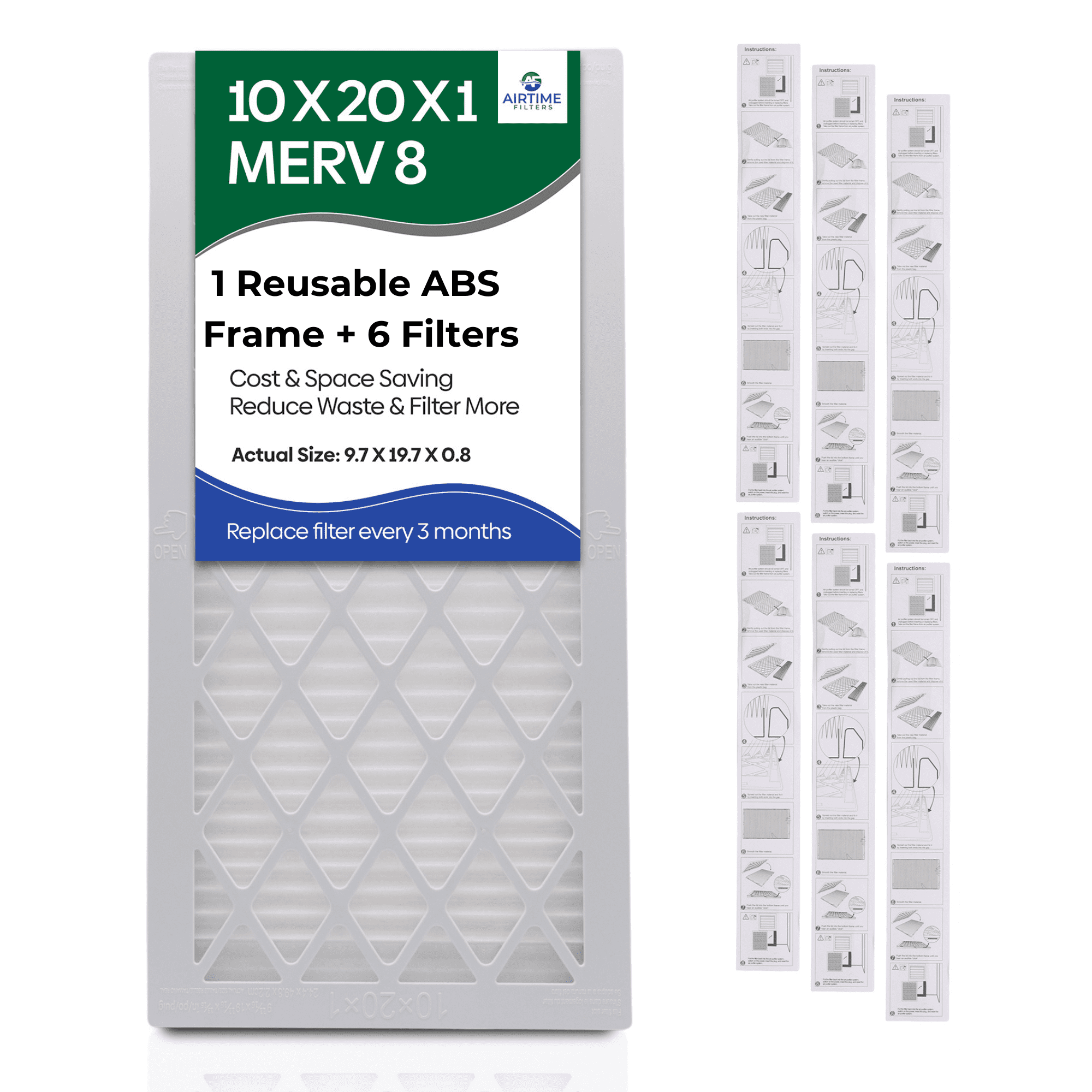 Airtime Filters Reusable 10x20x1 Merv 8 Air Filter, ABS Plastic Frame ...