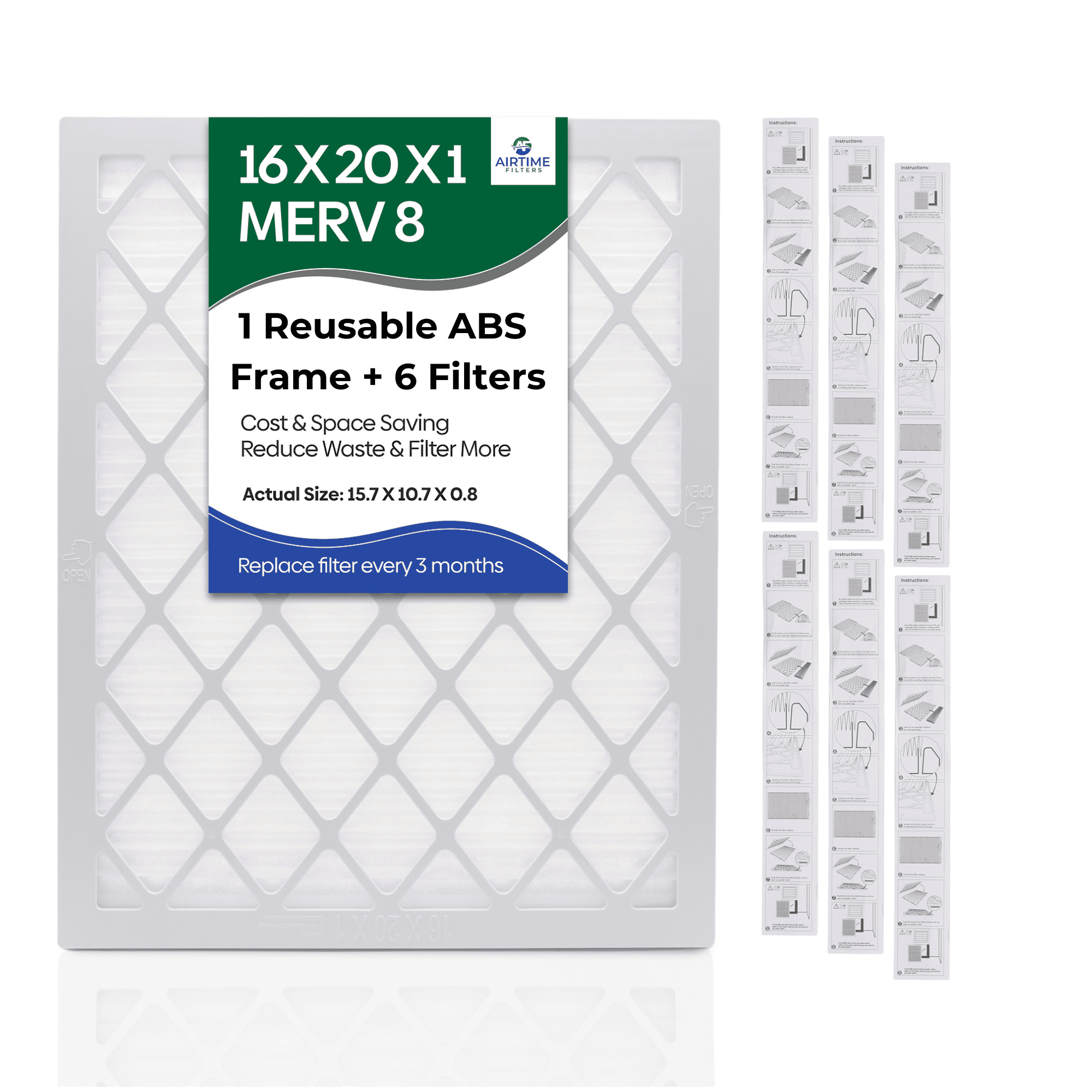 Airtime Filters Reusable 16x20x1 Merv 8 Air Filter, ABS Plastic Frame ...