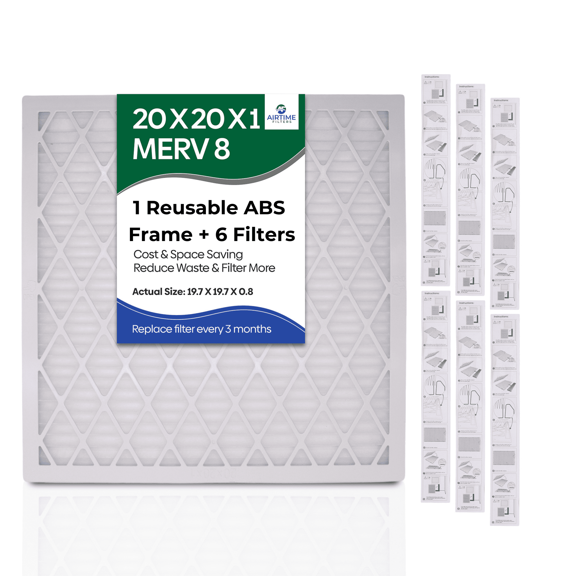 Airtime Filters Reusable 20x20x1 Merv 8 Air Filter, ABS Plastic Frame ...