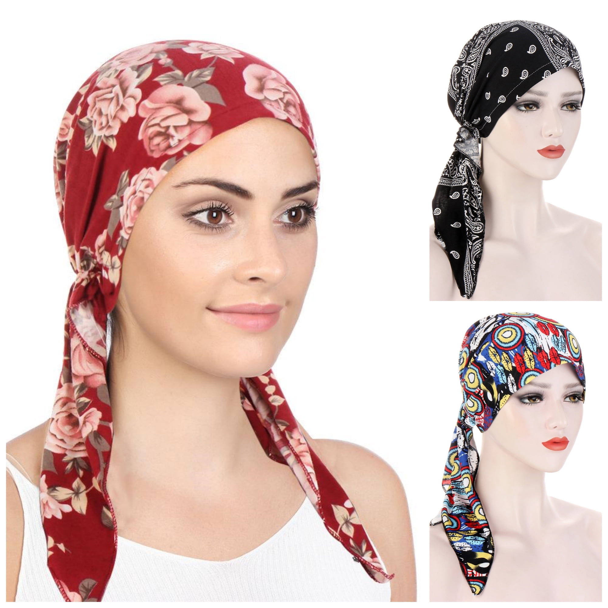 Airvexalon Women's Pre Tied Polyester Chemo Beanie Caps, 3 Pack ...
