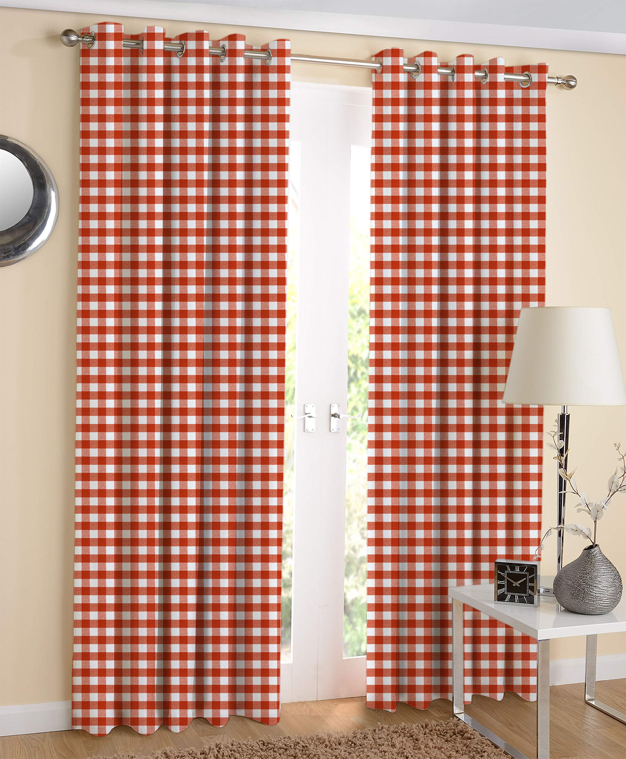 Airwill Orange Checkered Pattern Cotton Window Curtains 4X5Ft Pack Of 2 ...