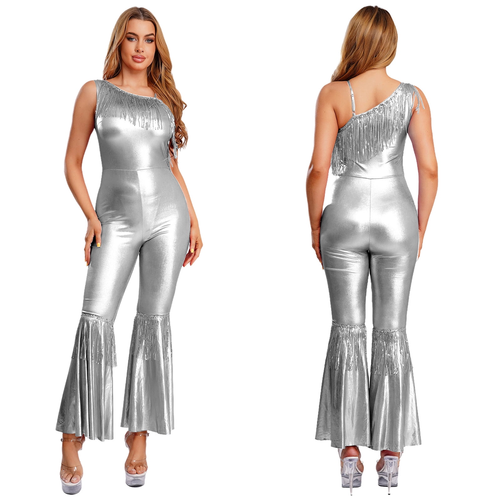 Aislor Bell Bottom Disco Romper for Women's Vintage 70s 80s Sequin ...